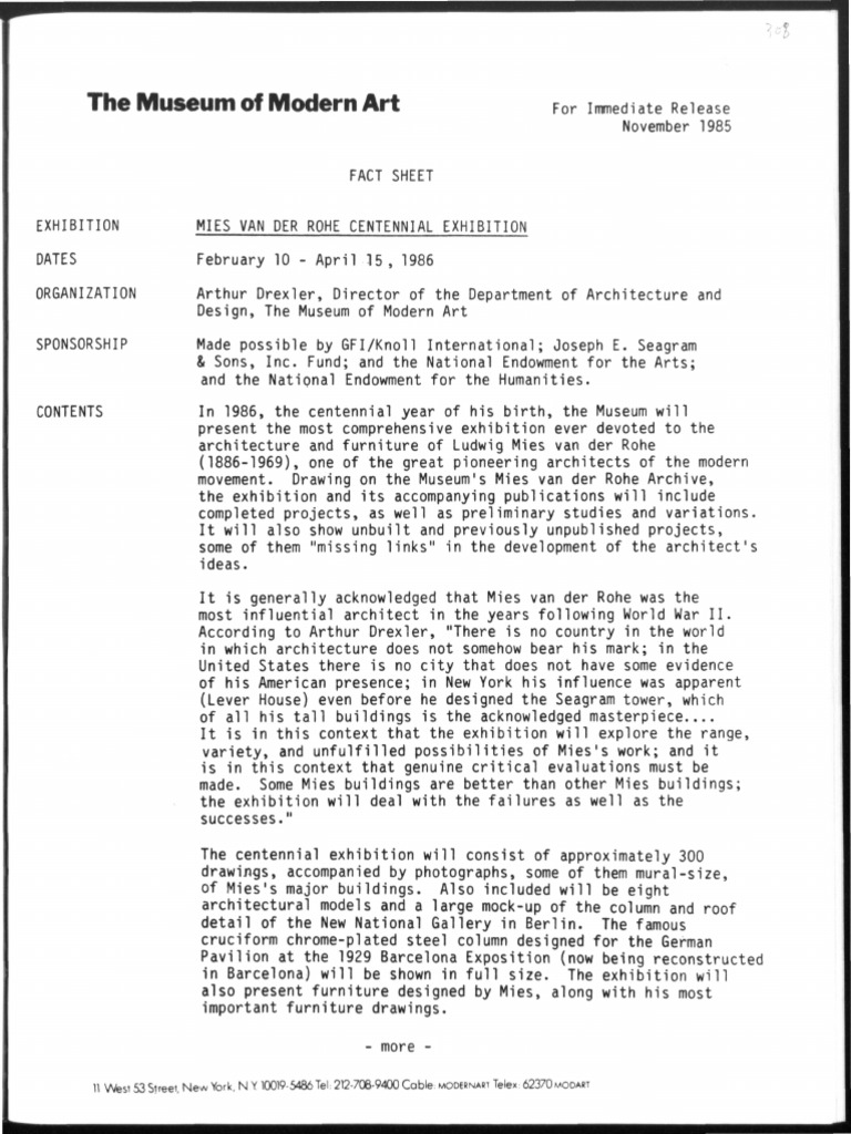 MOMA - 1985 Fact Sheet, Wolf Tegethoff | PDF | Art Media | Design