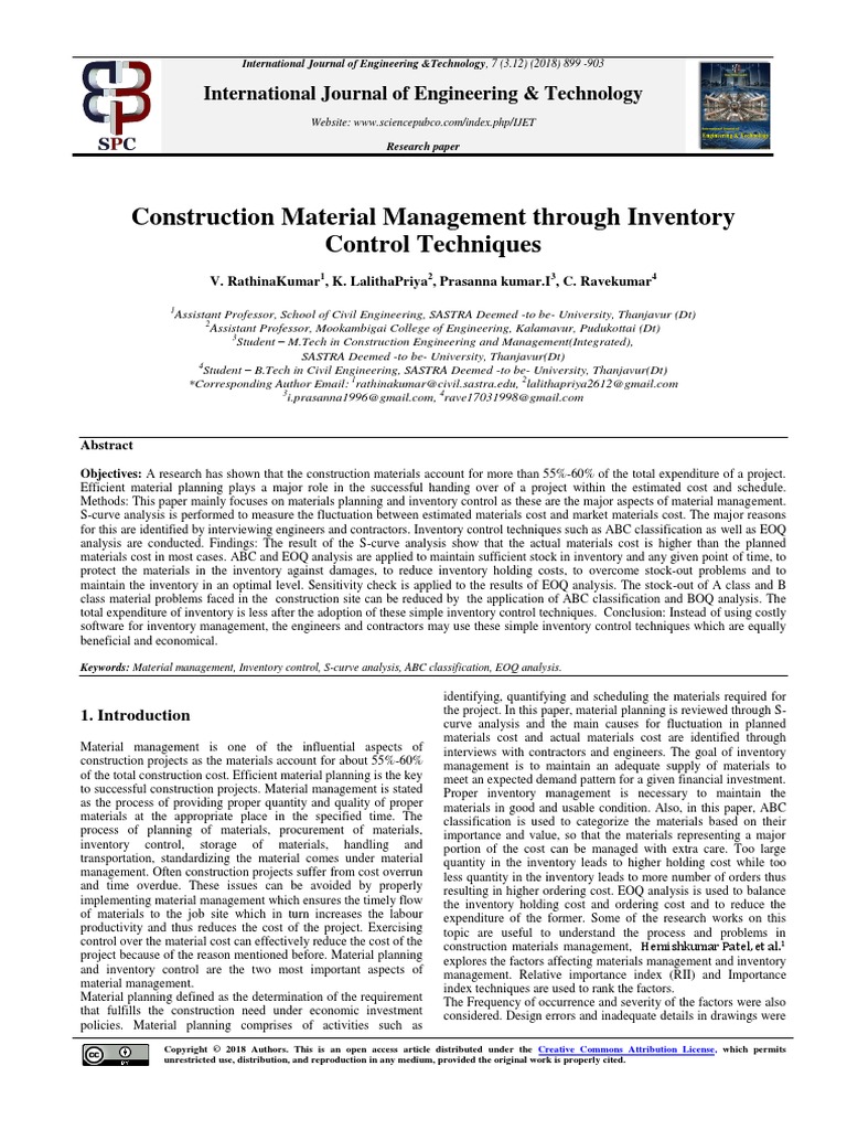 Construction Material Management Through Inventory CONTROL TECHNIQUES ...