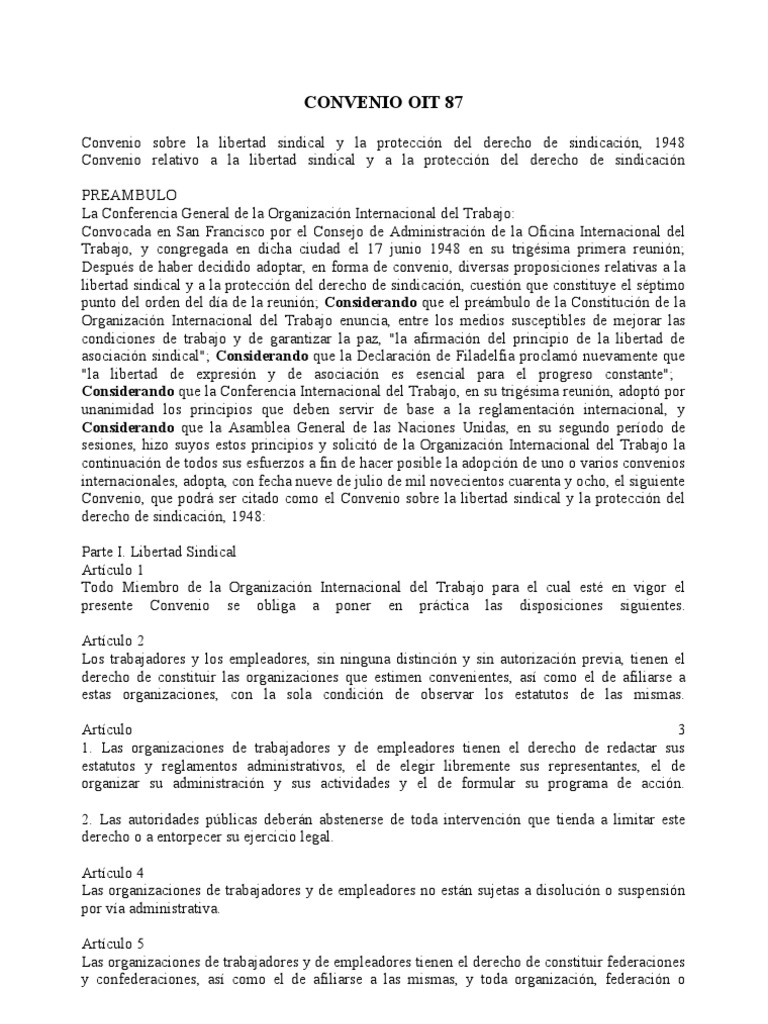Convenio OIT 87: Libertad Sindical 1948 | PDF | Organización Internacional del Trabajo | Esfera ...