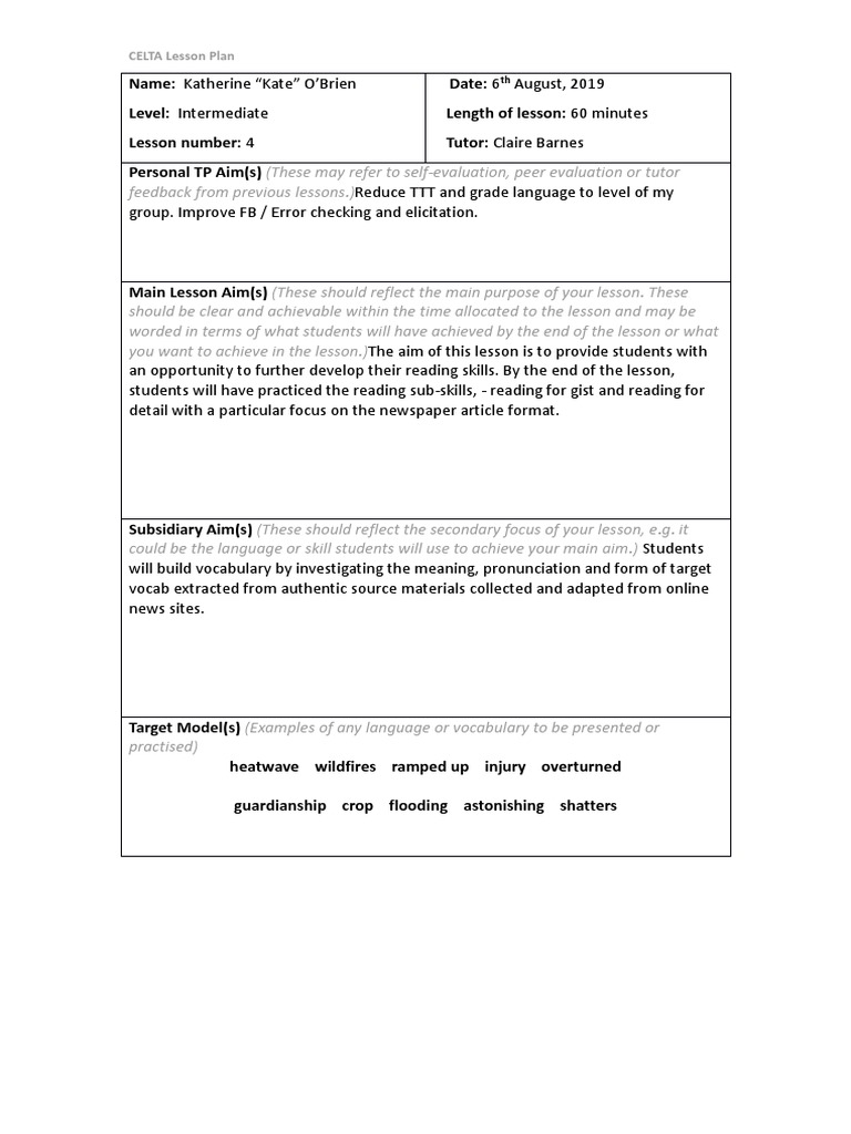 CELTA Lesson Plan | PDF | Vocabulary | Lesson Plan