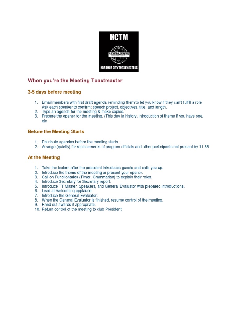 Toastmaster Meeting Preparation Guide | PDF