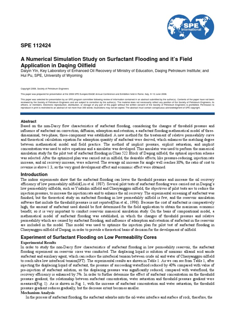 SPE 112424 A Numerical Simulation Study On Surfactant Flooding and It's Field Application in ...