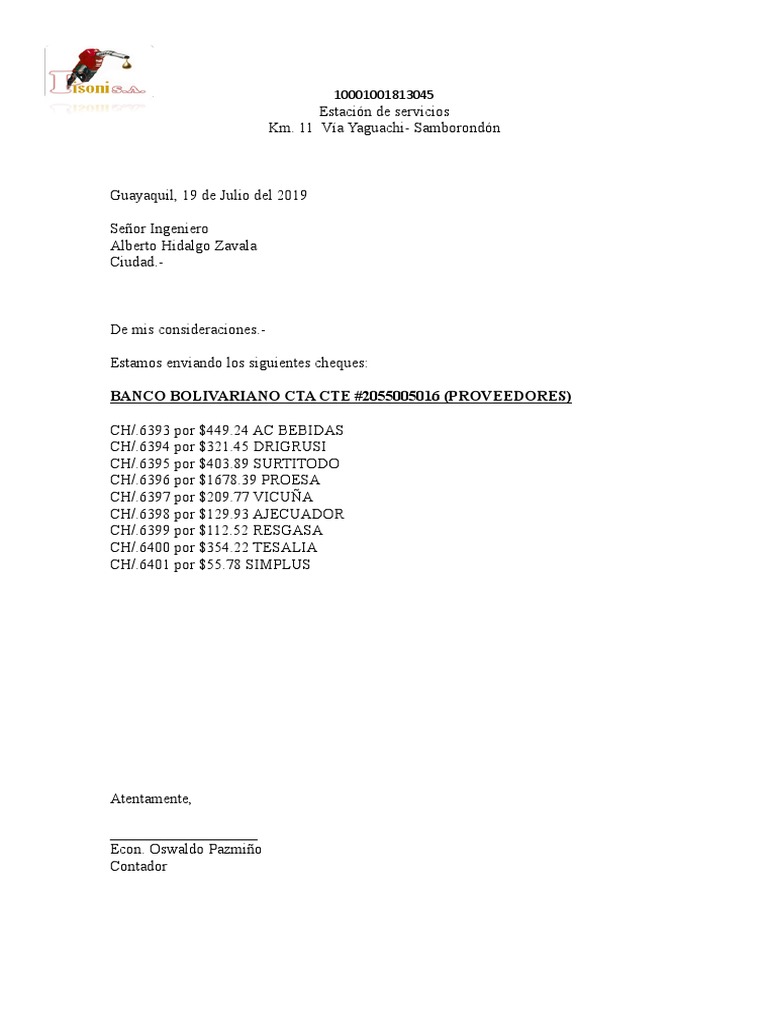 Carta para Enviar Cheques | PDF