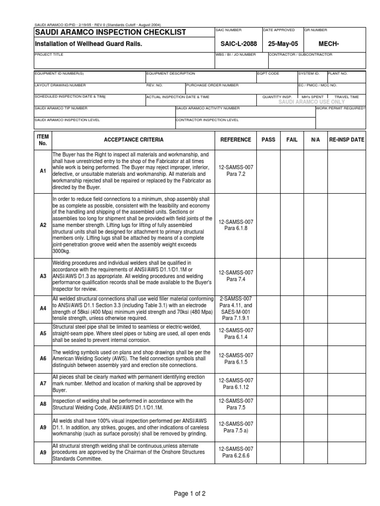 Saudi Aramco Inspection Checklist: Installation of Wellhead Guard Rails ...
