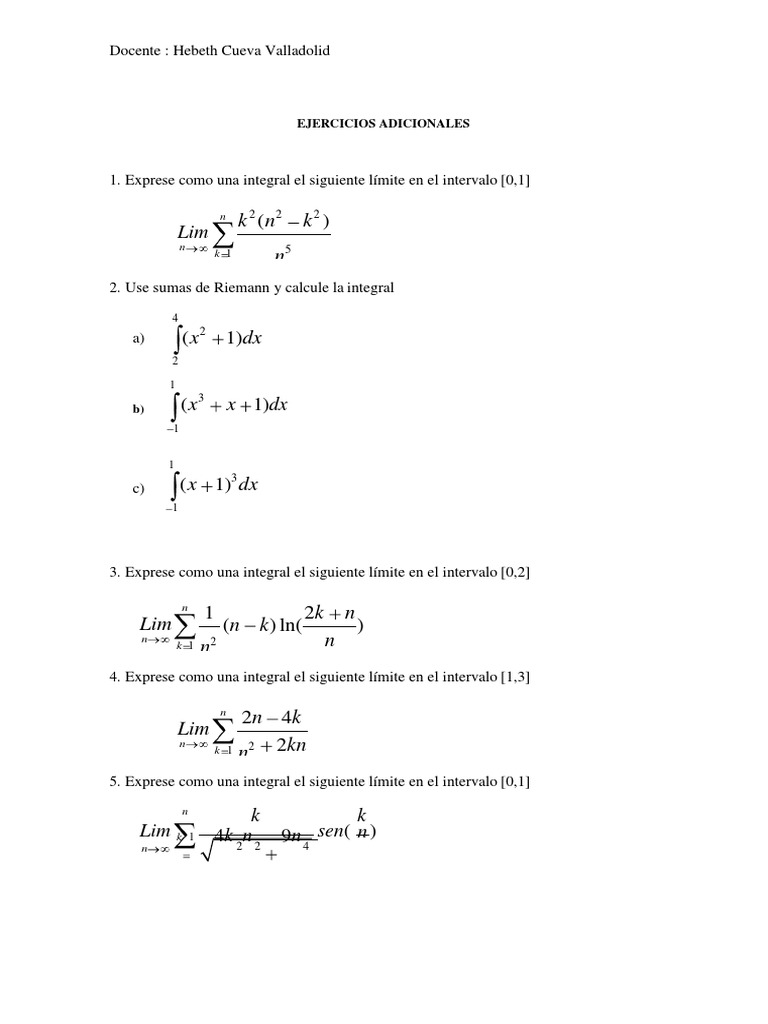 Ejercicios Adicionales de Sumas de Riemann | PDF | Integral | Relaciones matematicas