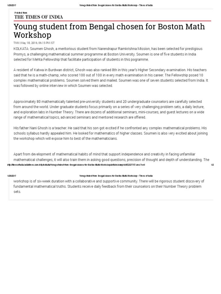 Young Student From Bengal Chosen For Boston Math Workshop: TNN - May 18 ...