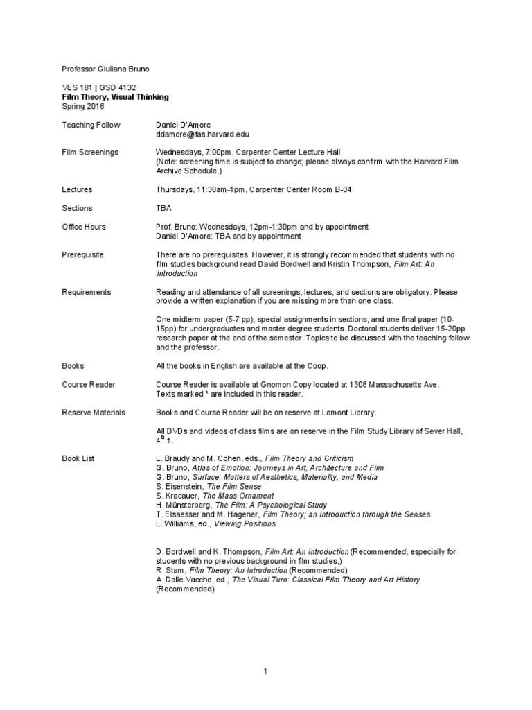 SYLLABUS. Film Theory Syllabus 2016 | PDF | Film Theory | Science