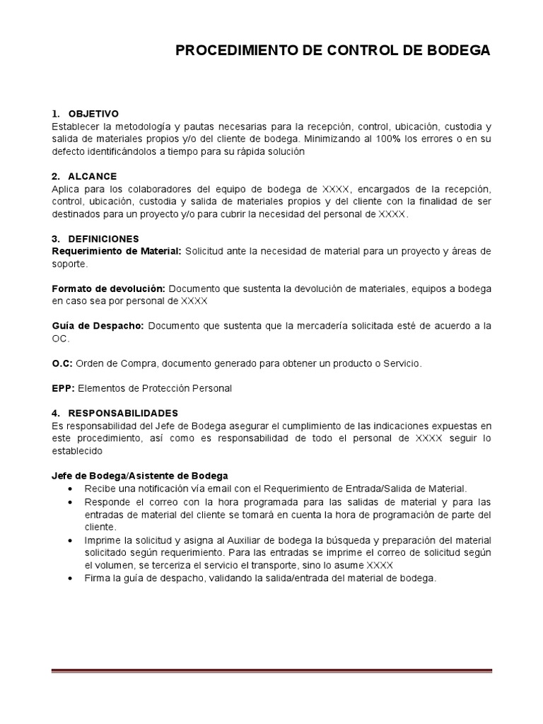 Procedimiento de Control de Bodega | Correo | Business