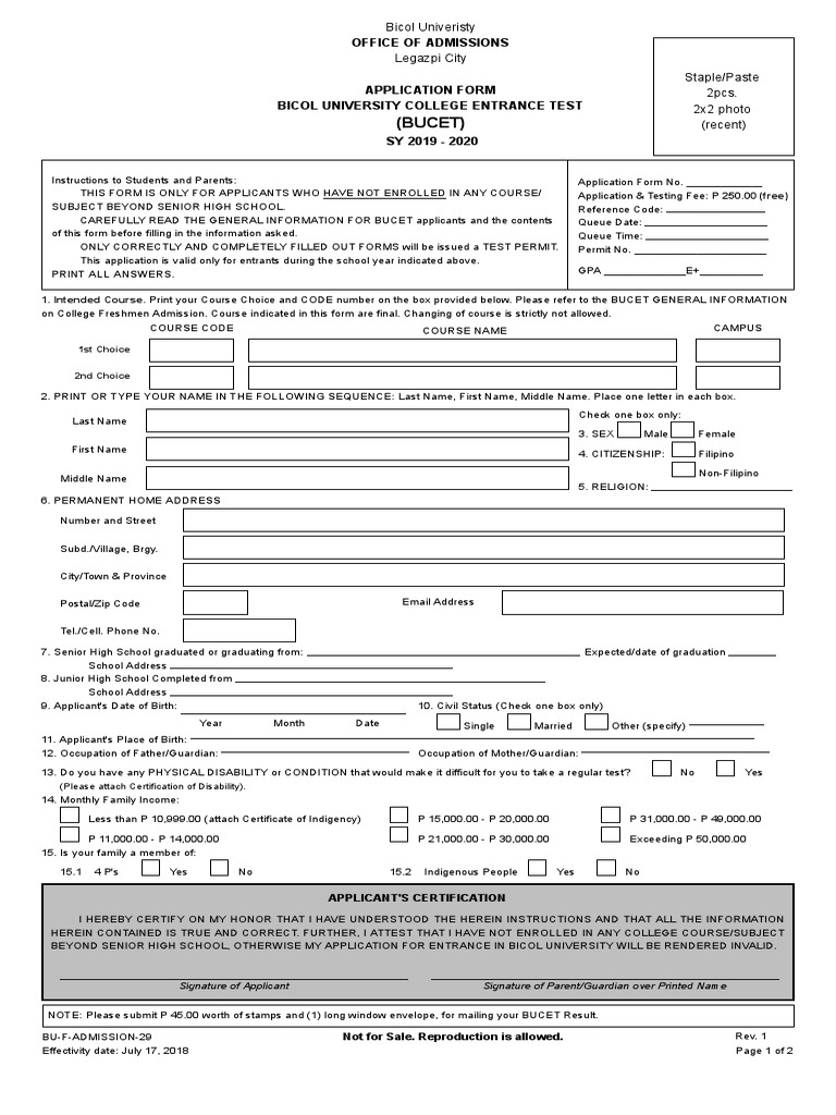 BUCET - Application Form Final (Front) | PDF
