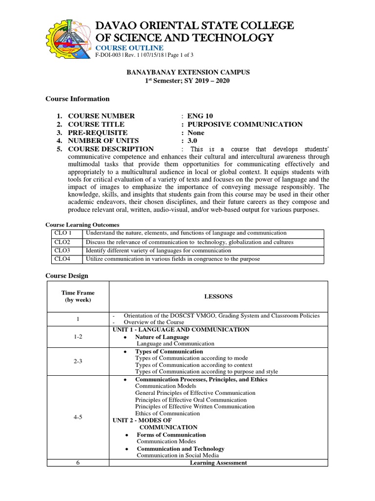 Course Outline in Purposive Communication | PDF | Cross Cultural ...