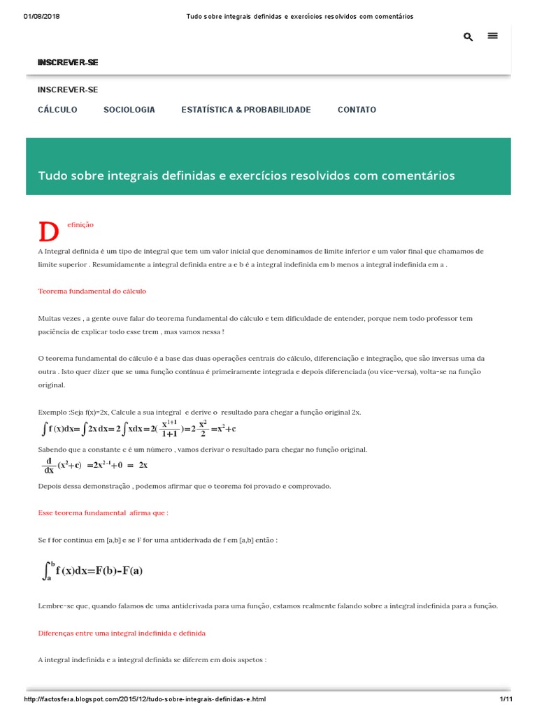 Tudo Sobre Integrais Definidas e Exercícios Resolvidos Com Comentários ...