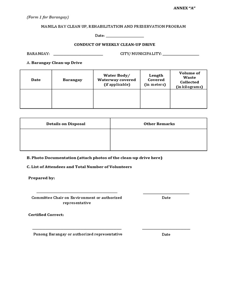 Barangay Clean Up Format | PDF | Water And Politics | Waste Management