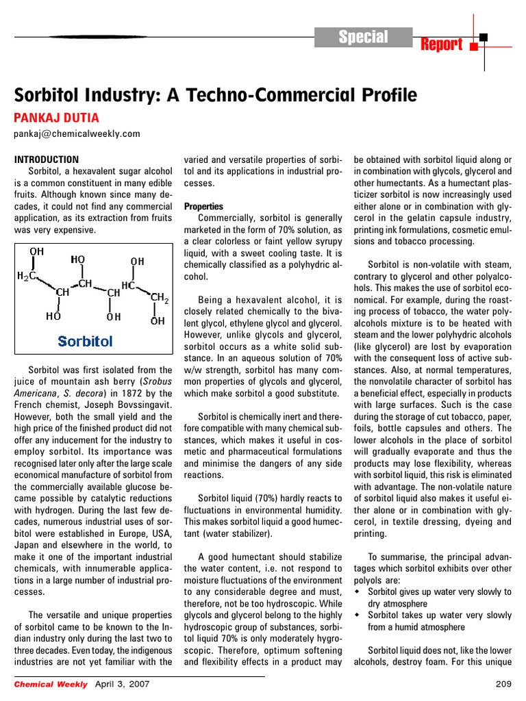 Sorbitol Industry PDF | PDF | Glycerol | Sugar Substitute