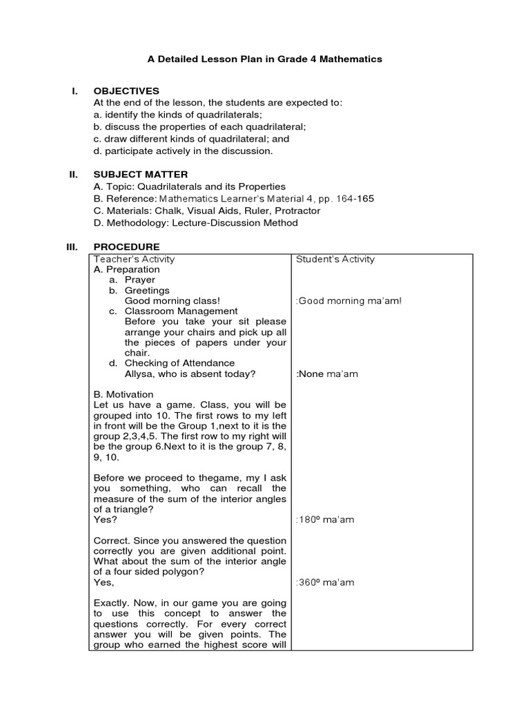 A Detailed Lesson Plan in Grade 4 Mathematics | PDF | Rectangle ...