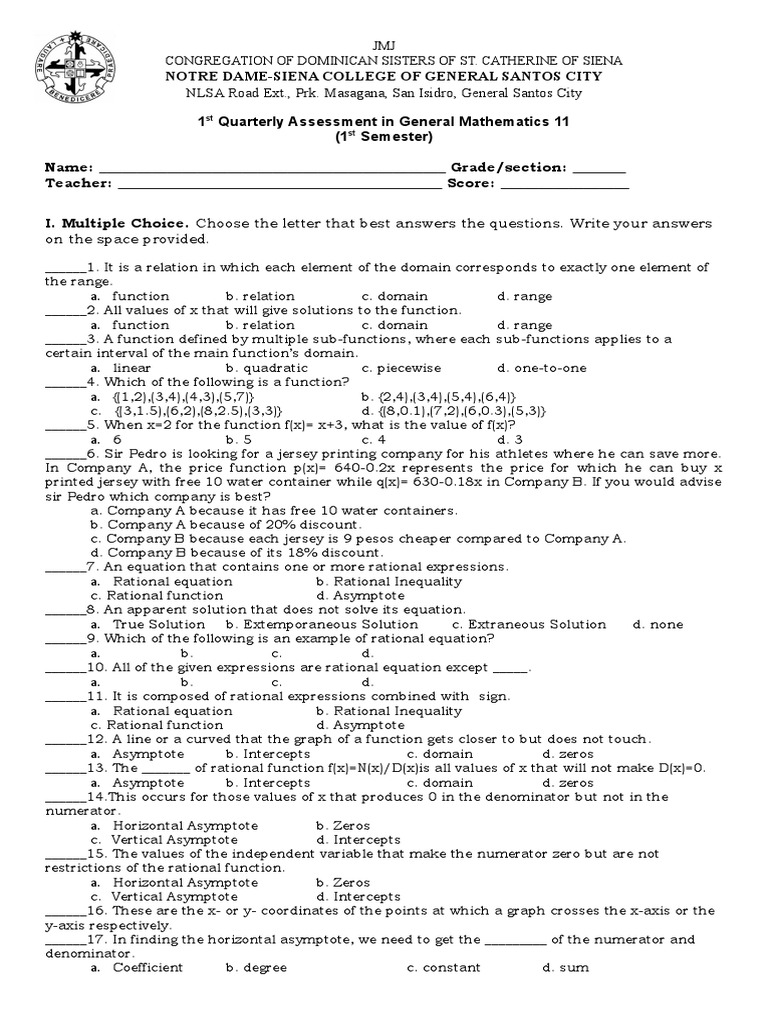 General Math 1st Periodical Exam 2018-2020 | PDF | Asymptote | Function ...