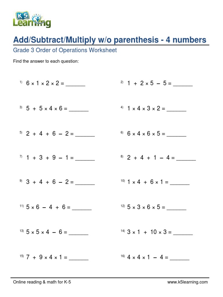 Add/Subtract/Multiply W/o Parenthesis - 4 Numbers: Grade 3 Order of ...