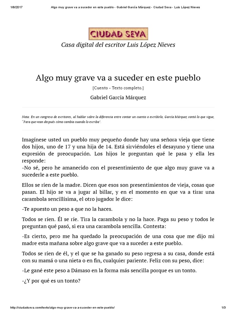 Algo Muy Grave Va A Suceder en Este Pueblo - Gabriel García Márquez ...