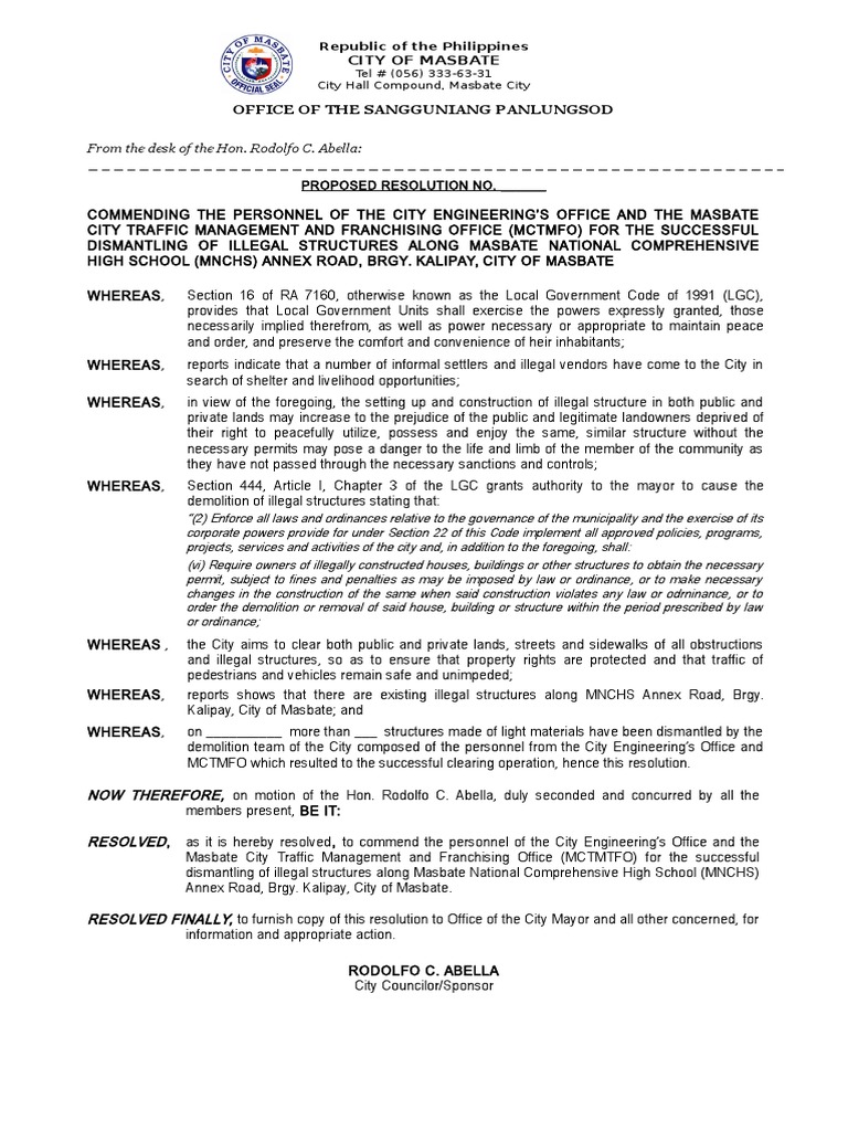 Resolution Commending Engineering Office For Successful Clearing ...