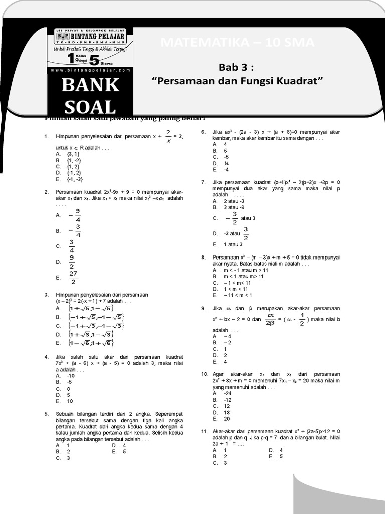 Bank Soal MATEMATIKA - 10 SMA - Bab 3. Persamaan Dan Fungsi Kuadrat ...