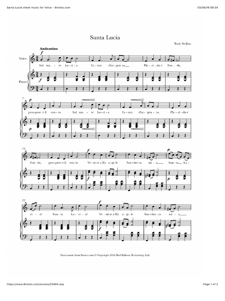 Santa Lucia Sheet Music For Voice | PDF | Social Science | Art