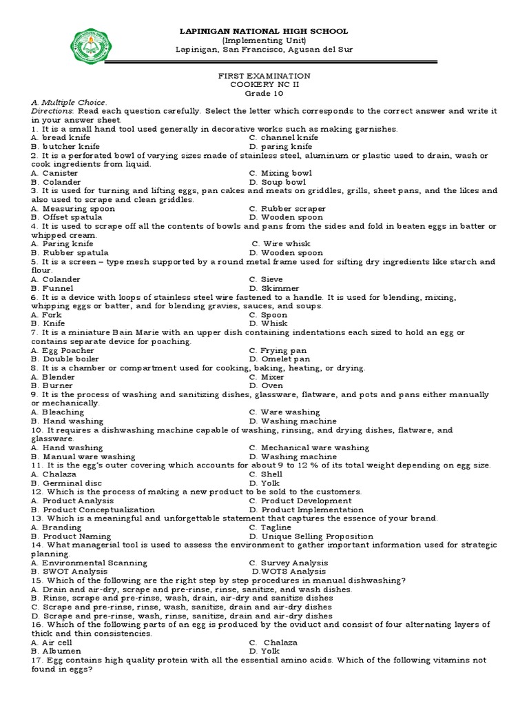 Grade 10 First Exam | PDF | Egg As Food | Spoon