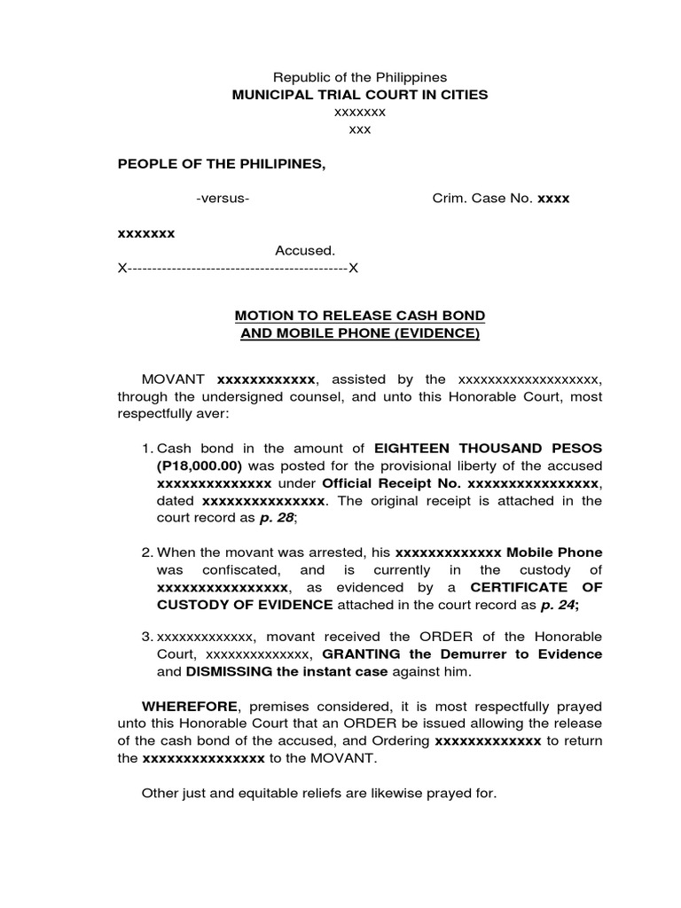 Motion To Release Cash Bond and Evidence | PDF