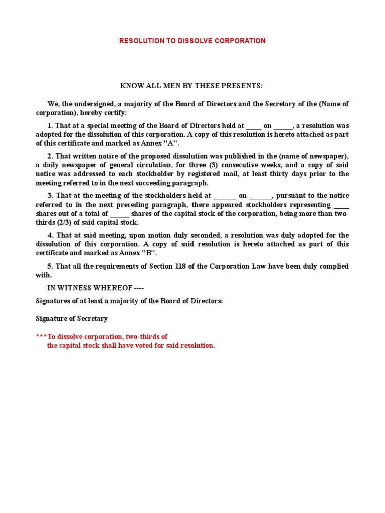 Resolution To Dissolve Corporation | PDF