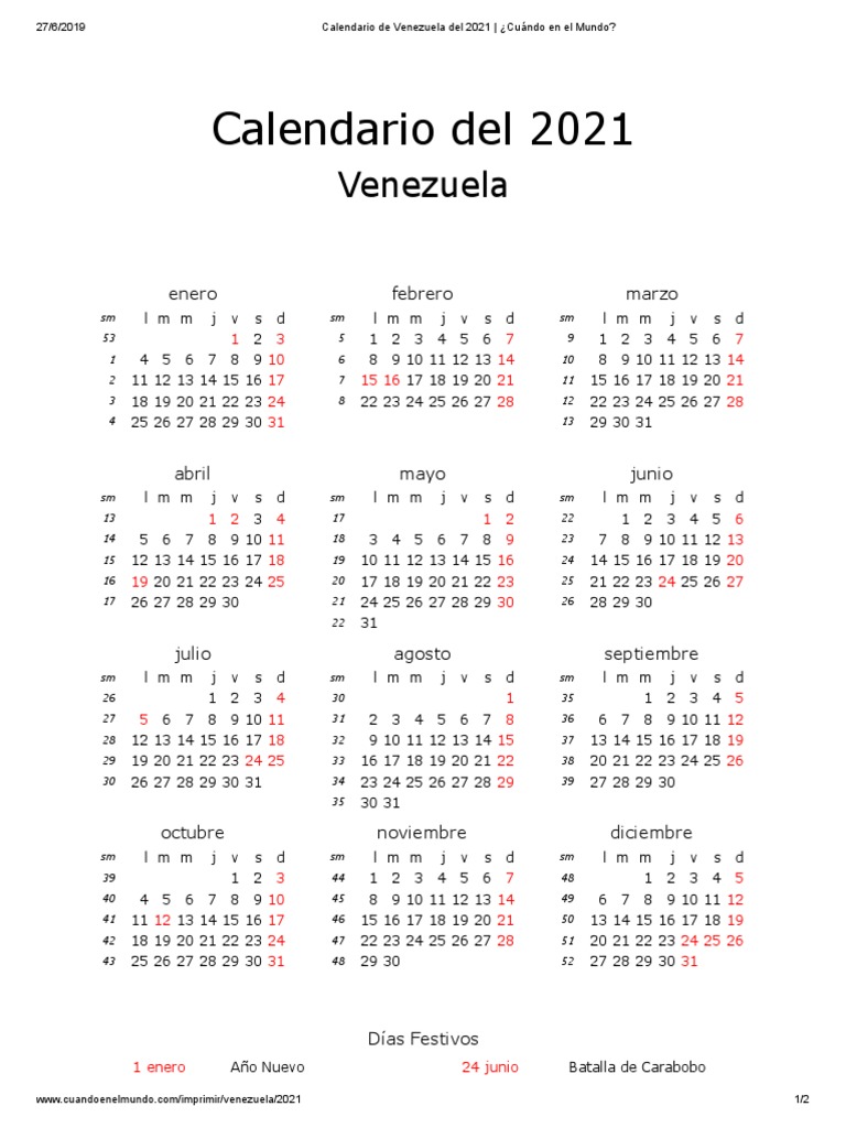 Calendario de Venezuela Del 2021 - ¿Cuándo en El Mundo | PDF ...