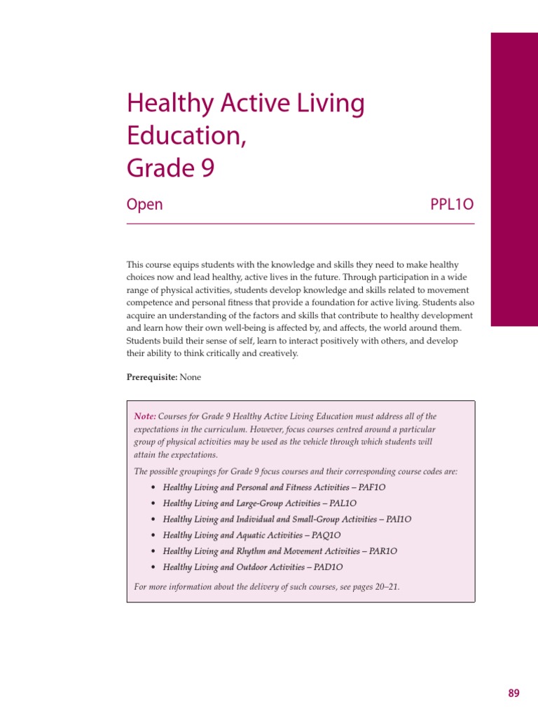 Healthy Active Living Education, Grade 9: Open PPL1O | PDF | Physical ...