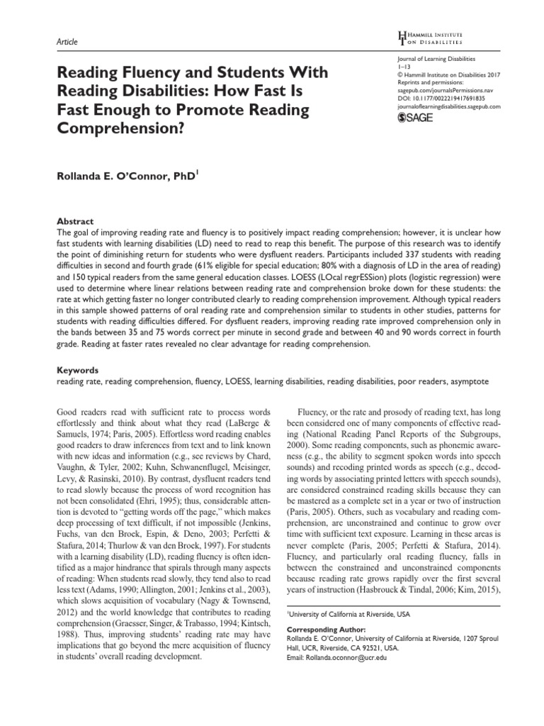 Reading Fluency and Students With Reading Disabilities: How Fast Is ...
