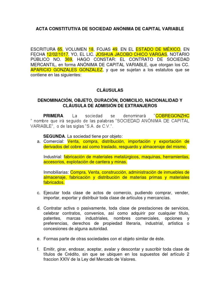DE - M4 - U2 - S4 - Acta Constitutiva de Sociedad Anonima de Capital Variable | PDF | Sociedad ...