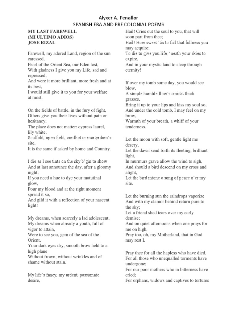 Alyxer A. Penaflor Spanish Era and Pre Colonial Poems: My Last Farewell ...