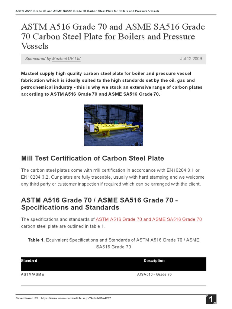 ASTM A516 Grade 70 and ASME SA516 Grade 70 Carbon Steel Plate For Boilers and Pressure Vessels ...