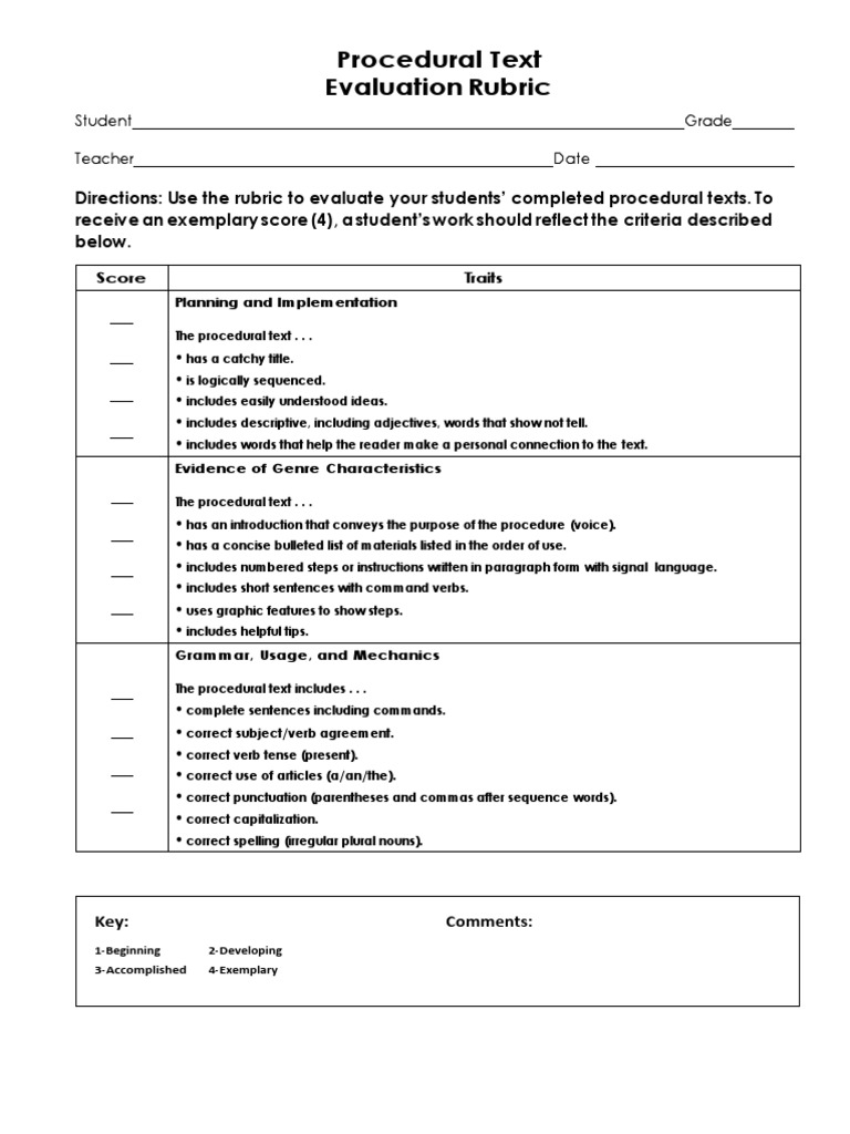 Procedural Text Evaluation Rubric | PDF
