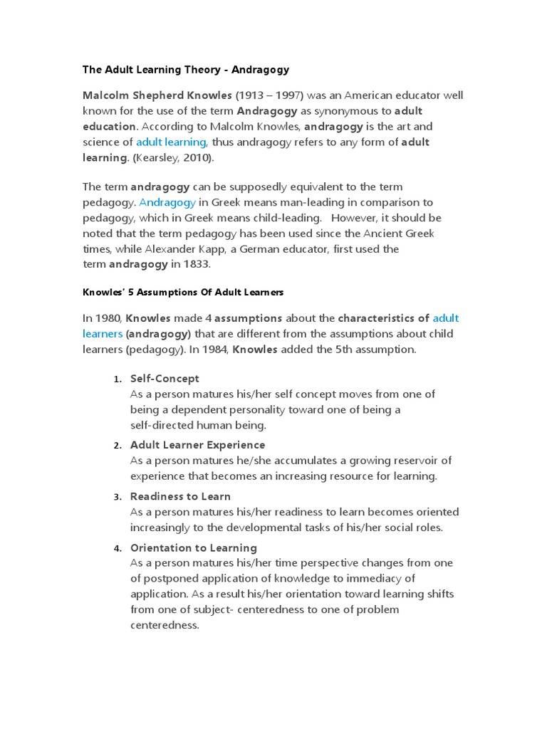 The Adult Learning Theory | PDF | Adult Education | Teaching