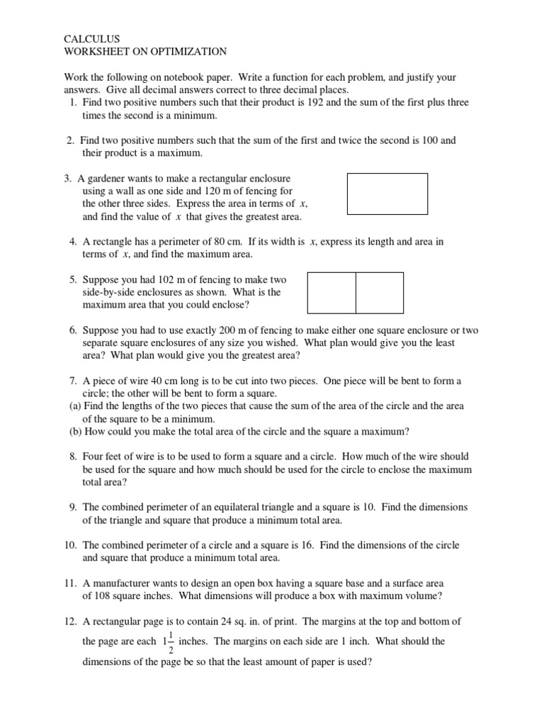 Optimization Worksheet | PDF | Area | Elementary Mathematics