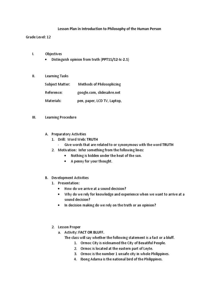 Lesson Plan in Introduction To Philosophy of The Human Person | PDF ...