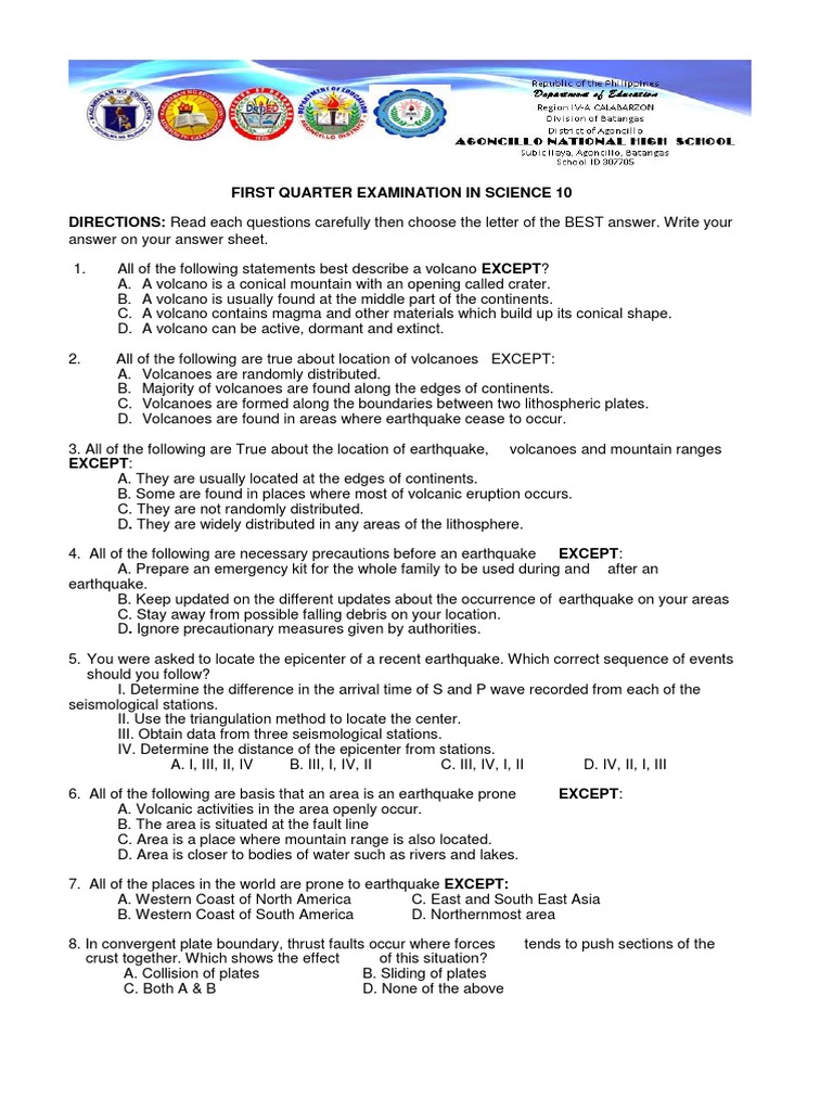 First Quarter Examination in Science 10 | PDF | Plate Tectonics ...