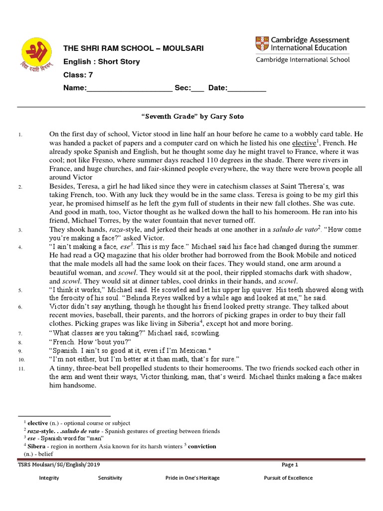 The Shri Ram School - Moulsari English: Short Story Class: 7 Name ...