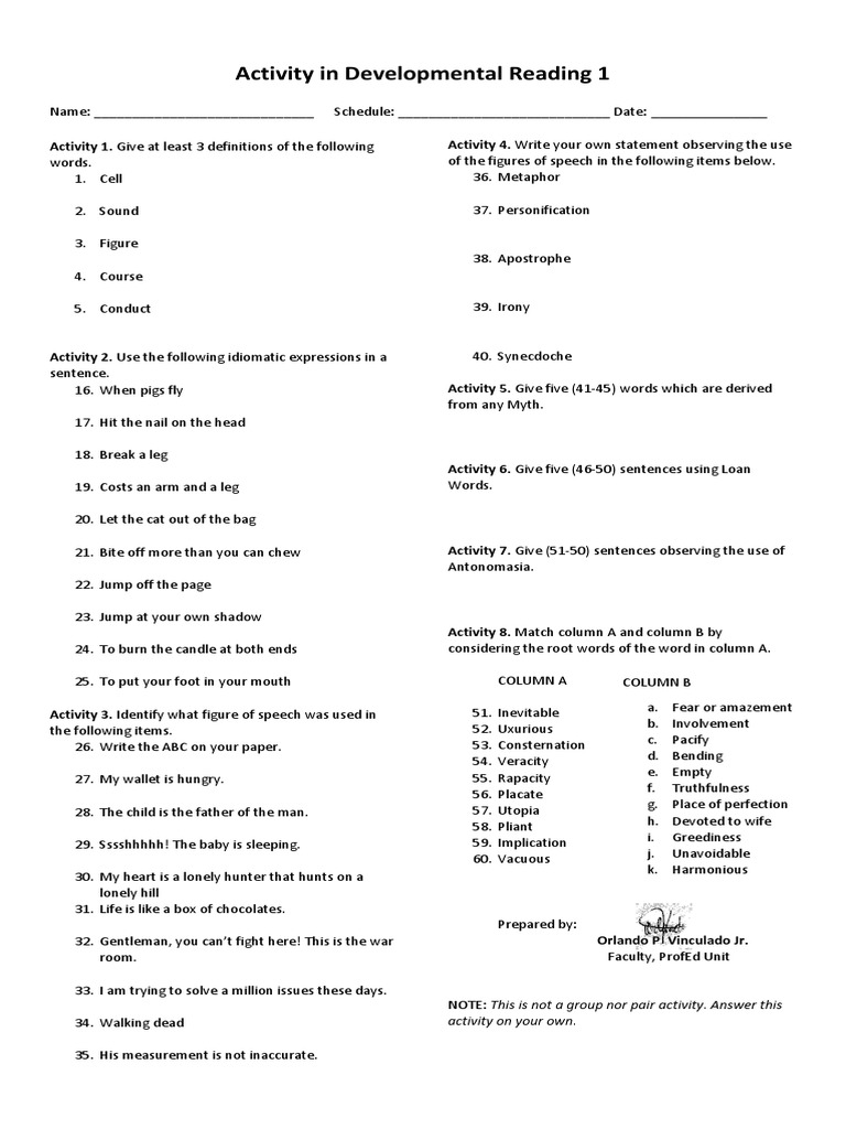 Activity in Developmental Reading 1 | PDF