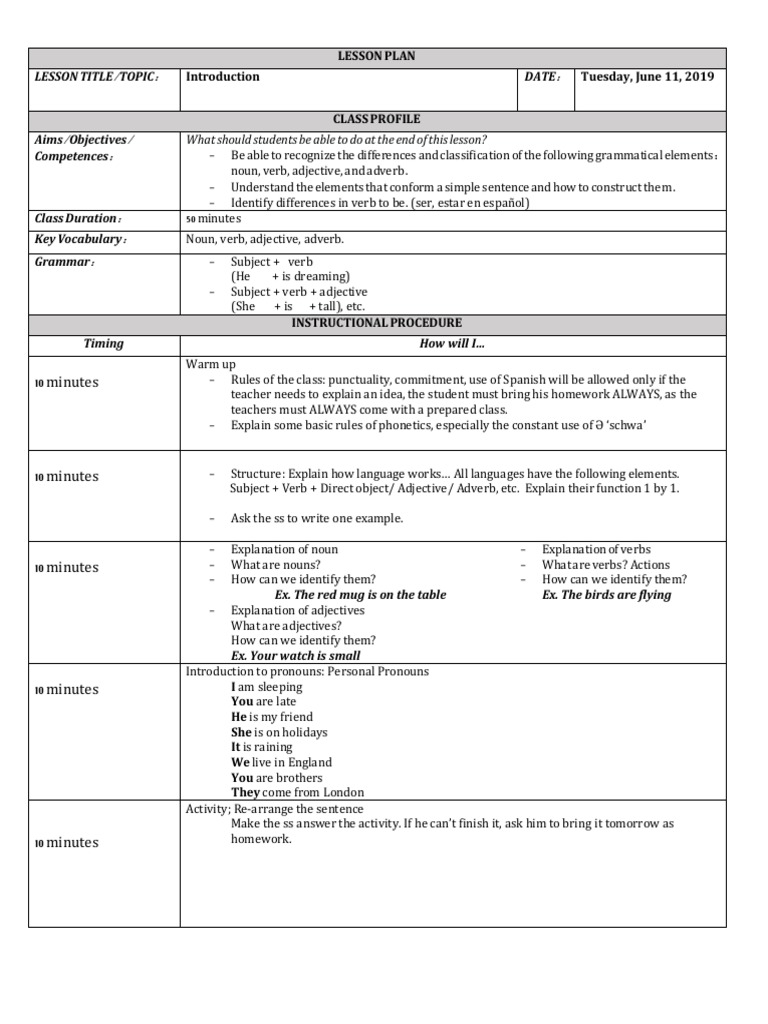 Grammar Lesson Plan for Beginners | PDF | Verb | Adjective