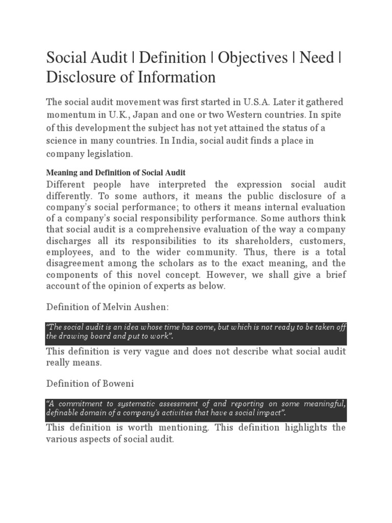 Social Audit - Definition - Objectives - Need - Disclosure of ...
