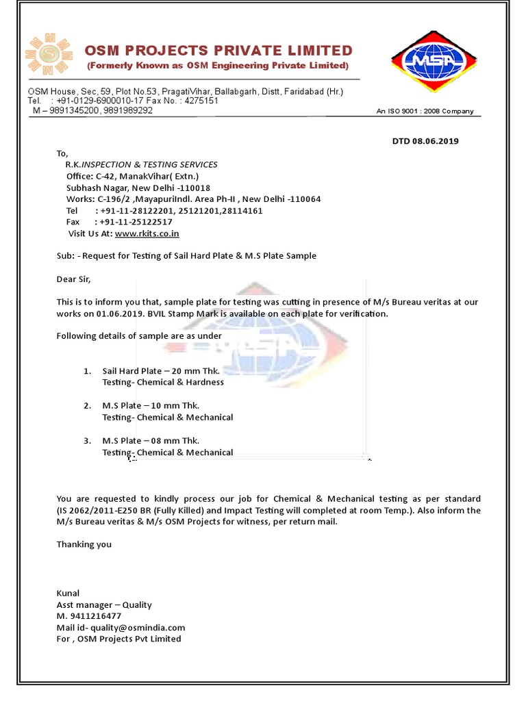 R.K Inspection Latter (For NTPC) | PDF