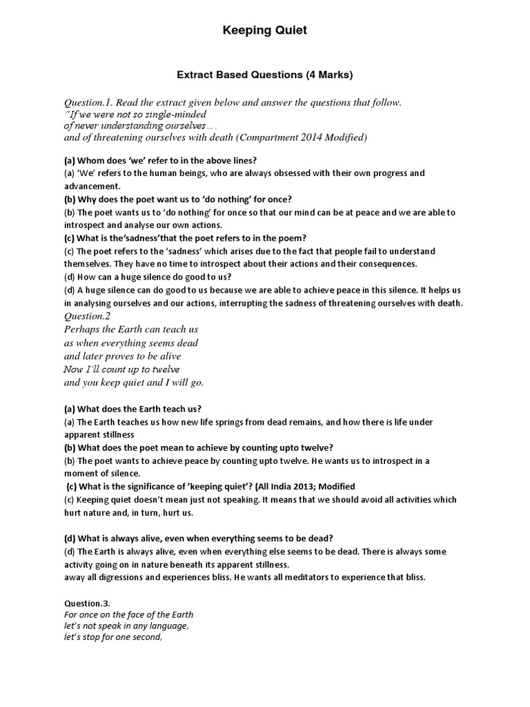 Keeping Quiet: Extract Based Questions (4 Marks) | PDF | Silence ...
