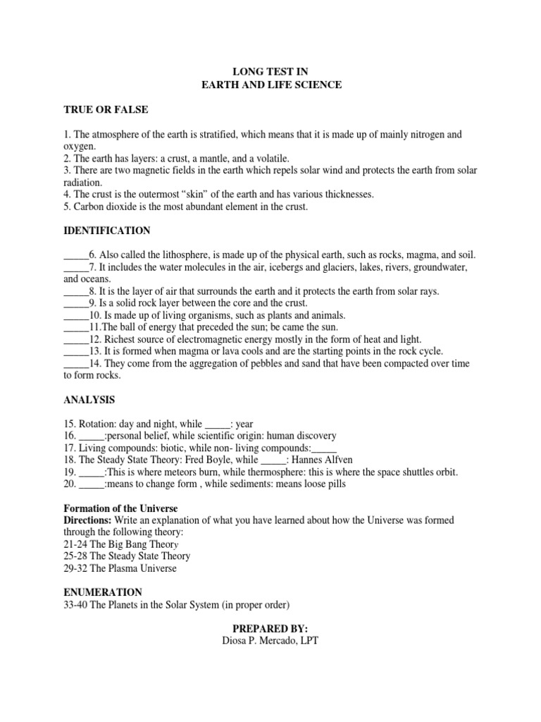 Long Test in Earth and Life Science True or False: Identification | PDF