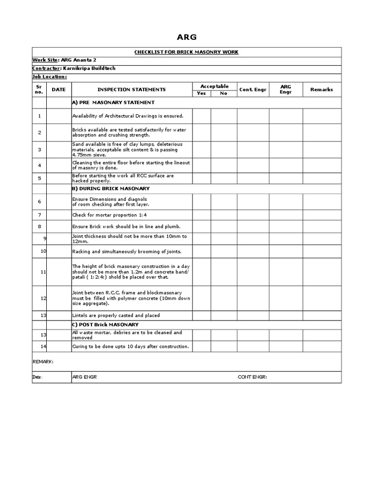 Brick Masonry Work Checklist | PDF