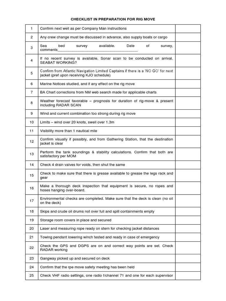 Rig Move Preparation Checklist | PDF | Navigation | Water Transport