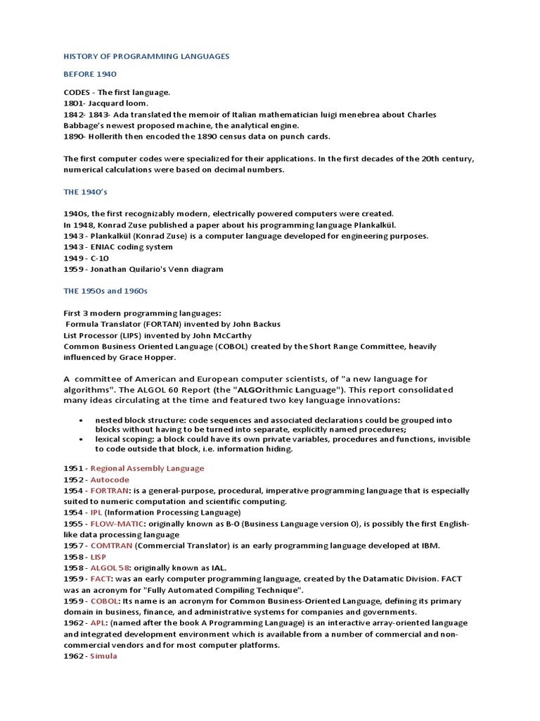 History of Programming Languages | PDF | Programming Language ...