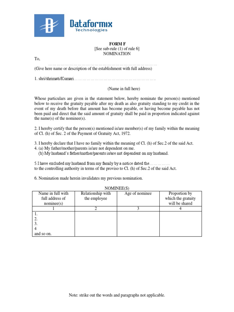 Gratuity Nominee Form - Form (F) | PDF | Government Information | Justice