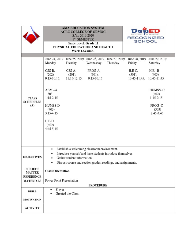 Ama Education System Aclc College of Ormoc: Class Schedules (A) | PDF